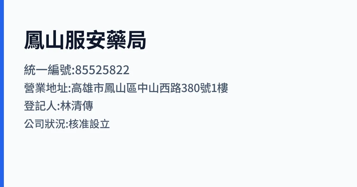 鳳山服安藥局 - 統編 85525822(高雄市) 公司登記資料與營業項目詳細圖表