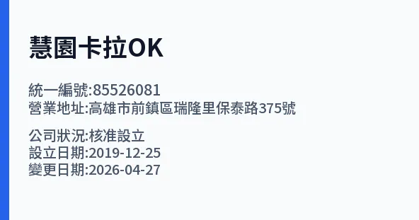 慧園卡拉OK的照片-統編 85526081(高雄市) 公司登記資料與營業項目詳細圖表