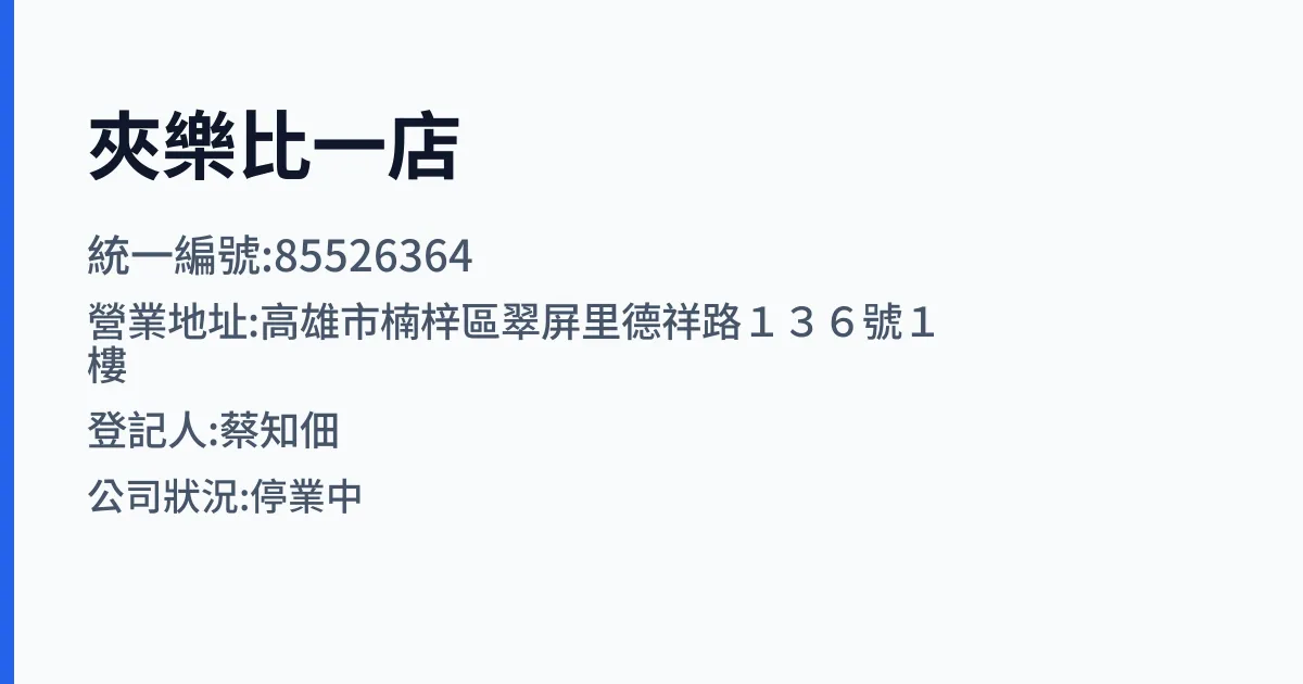 夾樂比一店 - 統編 85526364(高雄市) 公司登記資料與營業項目詳細圖表