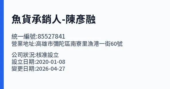 魚貨承銷人-陳彥融的照片-統編 85527841(高雄市) 公司登記資料與營業項目詳細圖表