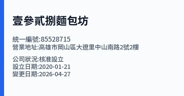 壹參貳捌麵包坊的照片-統編 85528715(高雄市) 公司登記資料與營業項目詳細圖表
