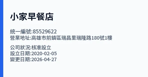 小家早餐店的照片-統編 85529622(高雄市) 公司登記資料與營業項目詳細圖表