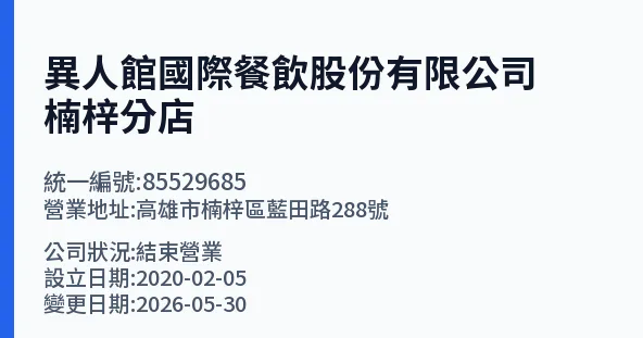 異人館國際餐飲股份有限公司楠梓分店的照片-統編 85529685(高雄市) 公司登記資料與營業項目詳細圖表