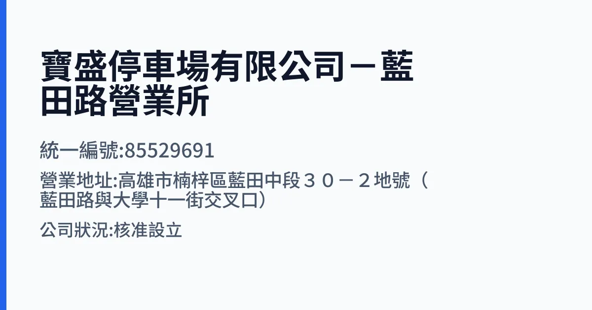 寶盛停車場有限公司－藍田路營業所 - 統編 85529691(高雄市) 公司登記資料與營業項目詳細圖表