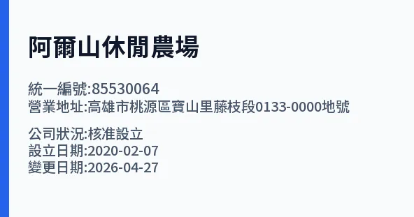 阿爾山休閒農場的照片-統編 85530064(高雄市) 公司登記資料與營業項目詳細圖表