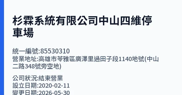 杉霖系統有限公司中山四維停車場的照片-統編 85530310(高雄市) 公司登記資料與營業項目詳細圖表