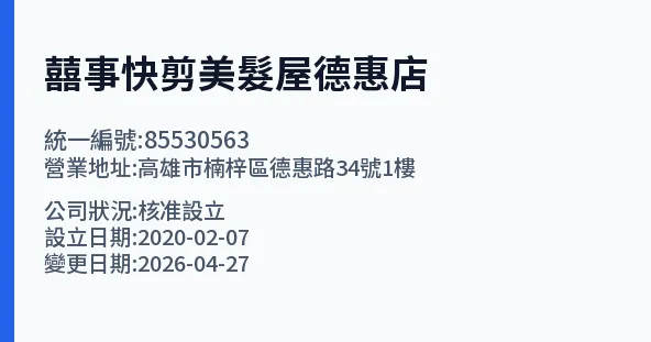 囍事快剪美髮屋德惠店的照片-統編 85530563(高雄市) 公司登記資料與營業項目詳細圖表