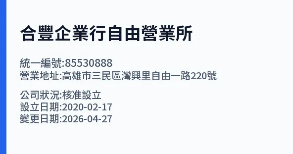 合豐企業行自由營業所的照片-統編 85530888(高雄市) 公司登記資料與營業項目詳細圖表