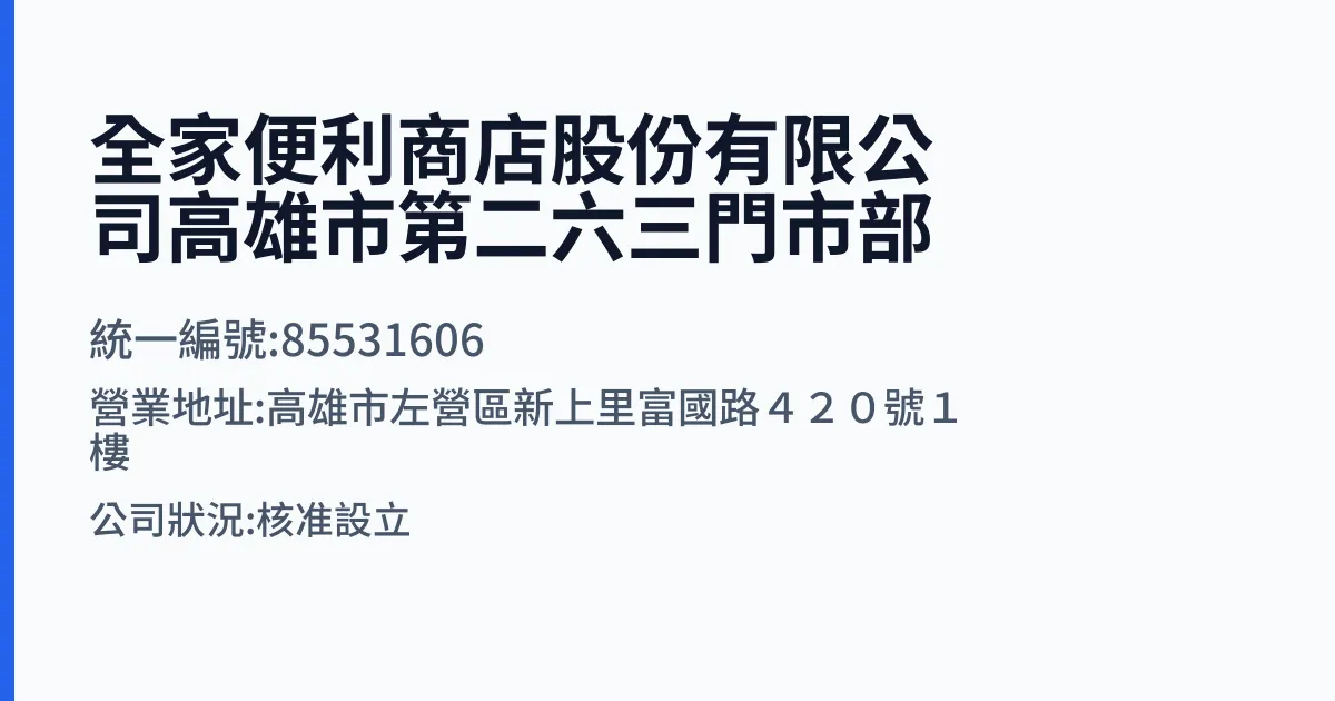 全家便利商店股份有限公司高雄市第二六三門市部 - 統編 85531606(高雄市) 公司登記資料與營業項目詳細圖表