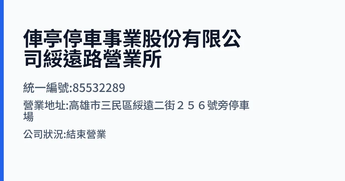 俥亭停車事業股份有限公司綏遠路營業所 - 統編 85532289(高雄市) 公司登記資料與營業項目詳細圖表