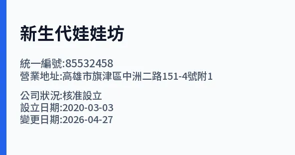 新生代娃娃坊的照片-統編 85532458(高雄市) 公司登記資料與營業項目詳細圖表