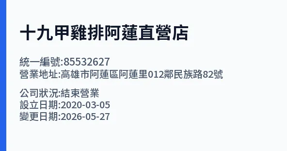 十九甲雞排阿蓮直營店的照片-統編 85532627(高雄市) 公司登記資料與營業項目詳細圖表