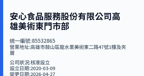 安心食品服務股份有限公司高雄美術東門市部的照片-統編 85532865(高雄市) 公司登記資料與營業項目詳細圖表