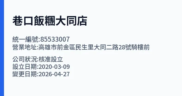巷口飯糰大同店的照片-統編 85533007(高雄市) 公司登記資料與營業項目詳細圖表