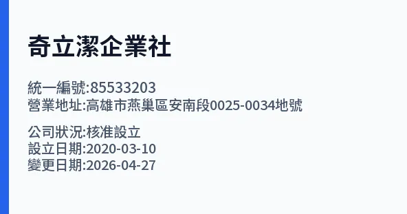 奇立潔企業社的照片-統編 85533203(高雄市) 公司登記資料與營業項目詳細圖表