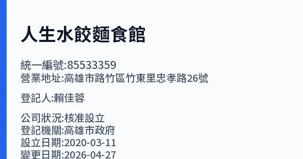 人生水餃麵食館的照片-統編 85533359(高雄市) 公司登記資料與營業項目詳細圖表