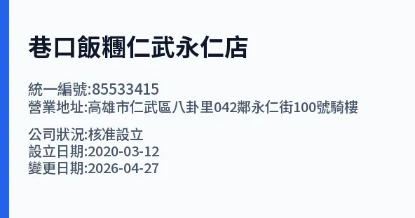 巷口飯糰仁武永仁店的照片-統編 85533415(高雄市) 公司登記資料與營業項目詳細圖表