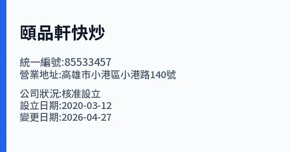 頤品軒快炒的照片-統編 85533457(高雄市) 公司登記資料與營業項目詳細圖表
