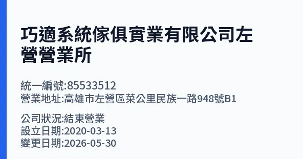 巧適系統傢俱實業有限公司左營營業所的照片-統編 85533512(高雄市) 公司登記資料與營業項目詳細圖表