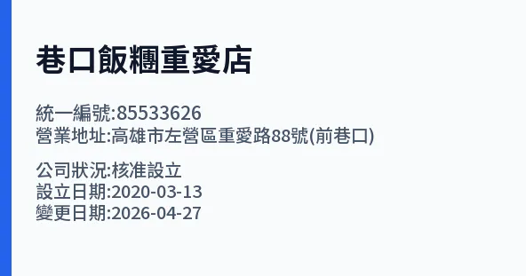 巷口飯糰重愛店的照片-統編 85533626(高雄市) 公司登記資料與營業項目詳細圖表