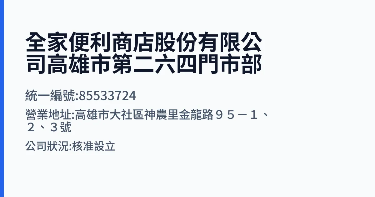 全家便利商店股份有限公司高雄市第二六四門市部 - 統編 85533724（高雄市） 公司登記資料與營業項目詳細圖表