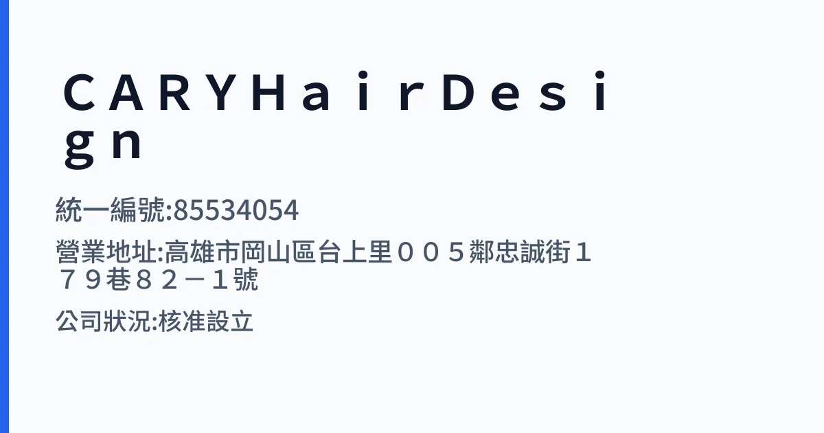 CARYHairDesign - 統編 85534054(高雄市) 公司登記資料與營業項目詳細圖表