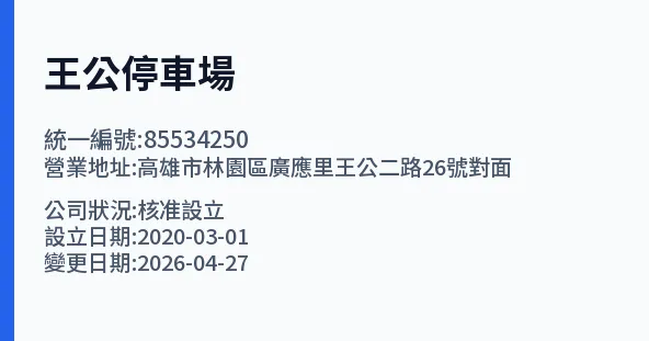 王公停車場的照片-統編 85534250(高雄市) 公司登記資料與營業項目詳細圖表
