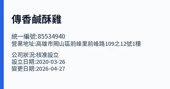 傳香鹹酥雞的照片-統編 85534940(高雄市) 公司登記資料與營業項目詳細圖表