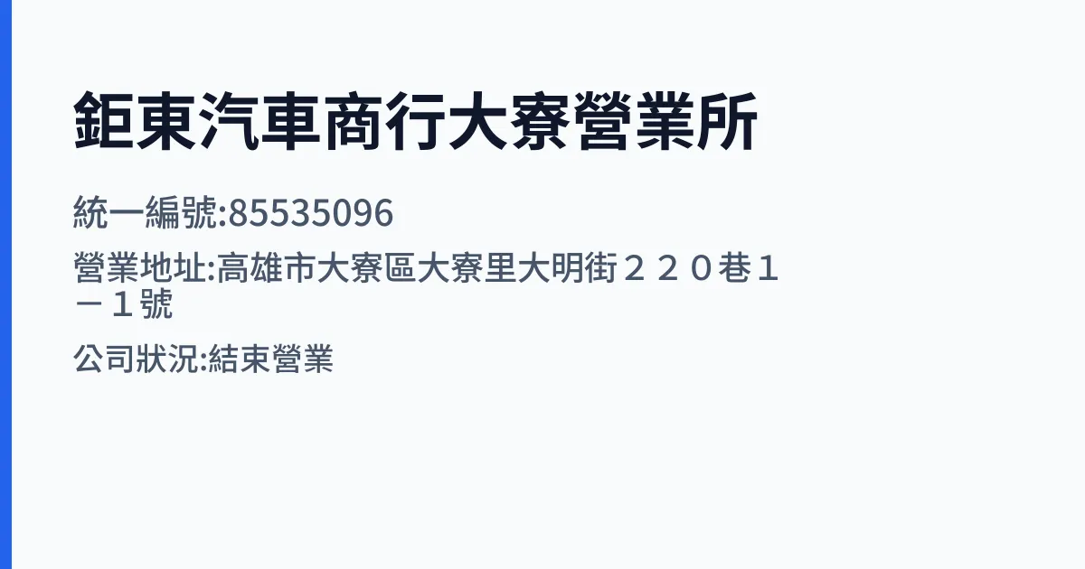 鉅東汽車商行大寮營業所 - 統編 85535096(高雄市) 公司登記資料與營業項目詳細圖表