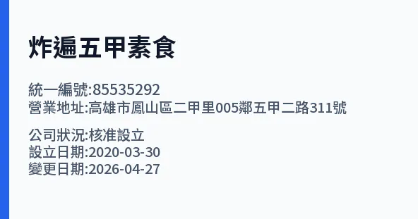 炸遍五甲素食的照片-統編 85535292(高雄市) 公司登記資料與營業項目詳細圖表