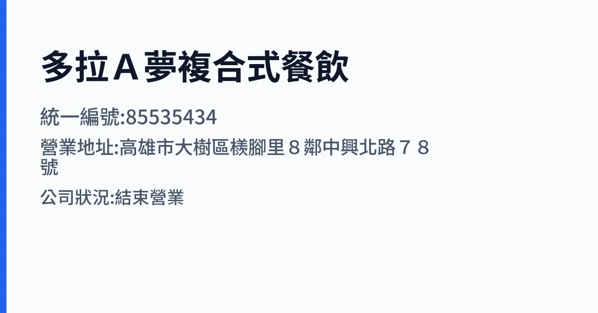多拉Ａ夢複合式餐飲 - 統編 85535434(高雄市) 公司登記資料與營業項目詳細圖表