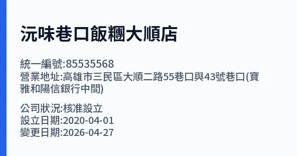 沅味巷口飯糰大順店的照片-統編 85535568(高雄市) 公司登記資料與營業項目詳細圖表