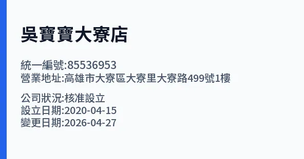 吳寶寶大寮店的照片-統編 85536953(高雄市) 公司登記資料與營業項目詳細圖表