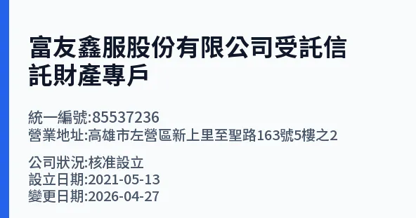 富友鑫服股份有限公司受託信託財產專戶的照片-統編 85537236(高雄市) 公司登記資料與營業項目詳細圖表