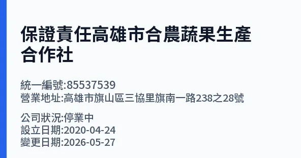 保證責任高雄市合農蔬果生產合作社的照片-統編 85537539(高雄市) 公司登記資料與營業項目詳細圖表