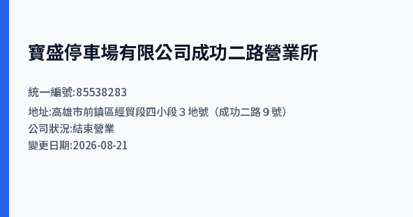 寶盛停車場有限公司成功二路營業所的照片-統編 85538283(高雄市) 公司登記資料與營業項目詳細圖表