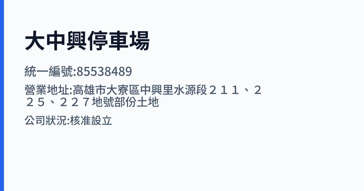 大中興停車場 - 統編 85538489(高雄市) 公司登記資料與營業項目詳細圖表