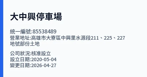 大中興停車場的照片-統編 85538489(高雄市) 公司登記資料與營業項目詳細圖表