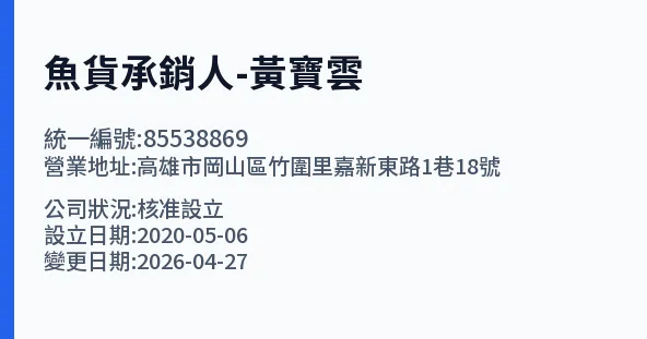 魚貨承銷人-黃寶雲的照片-統編 85538869(高雄市) 公司登記資料與營業項目詳細圖表