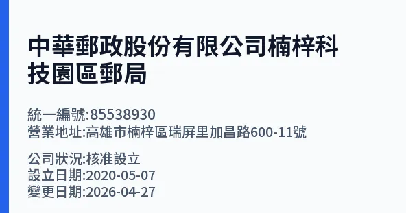 中華郵政股份有限公司楠梓科技園區郵局的照片-統編 85538930(高雄市) 公司登記資料與營業項目詳細圖表