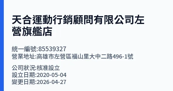 天合運動行銷顧問有限公司左營旗艦店的照片-統編 85539327(高雄市) 公司登記資料與營業項目詳細圖表