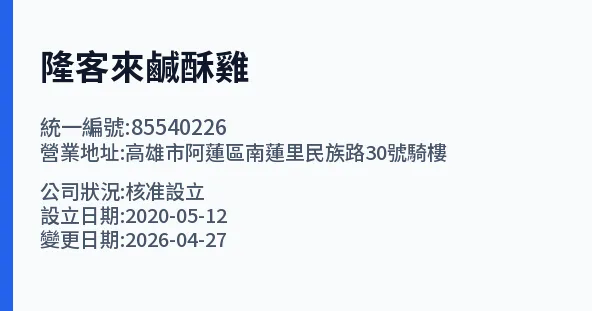 隆客來鹹酥雞的照片-統編 85540226(高雄市) 公司登記資料與營業項目詳細圖表