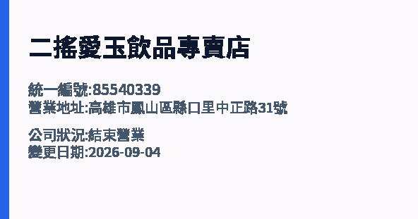 二搖愛玉飲品專賣店的照片-統編 85540339(高雄市) 公司登記資料與營業項目詳細圖表