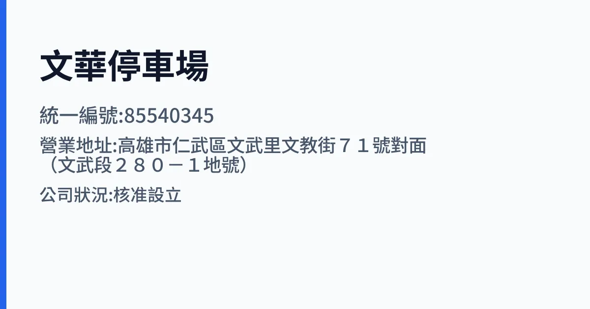文華停車場 - 統編 85540345(高雄市) 公司登記資料與營業項目詳細圖表