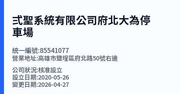 弍聖系統有限公司府北大為停車場的照片-統編 85541077(高雄市) 公司登記資料與營業項目詳細圖表