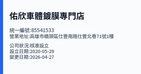 佑欣車體鍍膜專門店的照片-統編 85541533(高雄市) 公司登記資料與營業項目詳細圖表