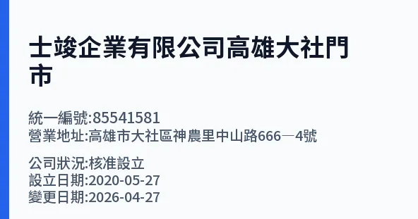 士竣企業有限公司高雄大社門市的照片-統編 85541581(高雄市) 公司登記資料與營業項目詳細圖表