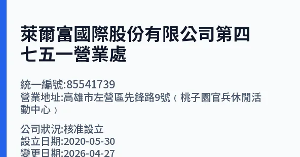 萊爾富國際股份有限公司第四七五一營業處的照片-統編 85541739(高雄市) 公司登記資料與營業項目詳細圖表