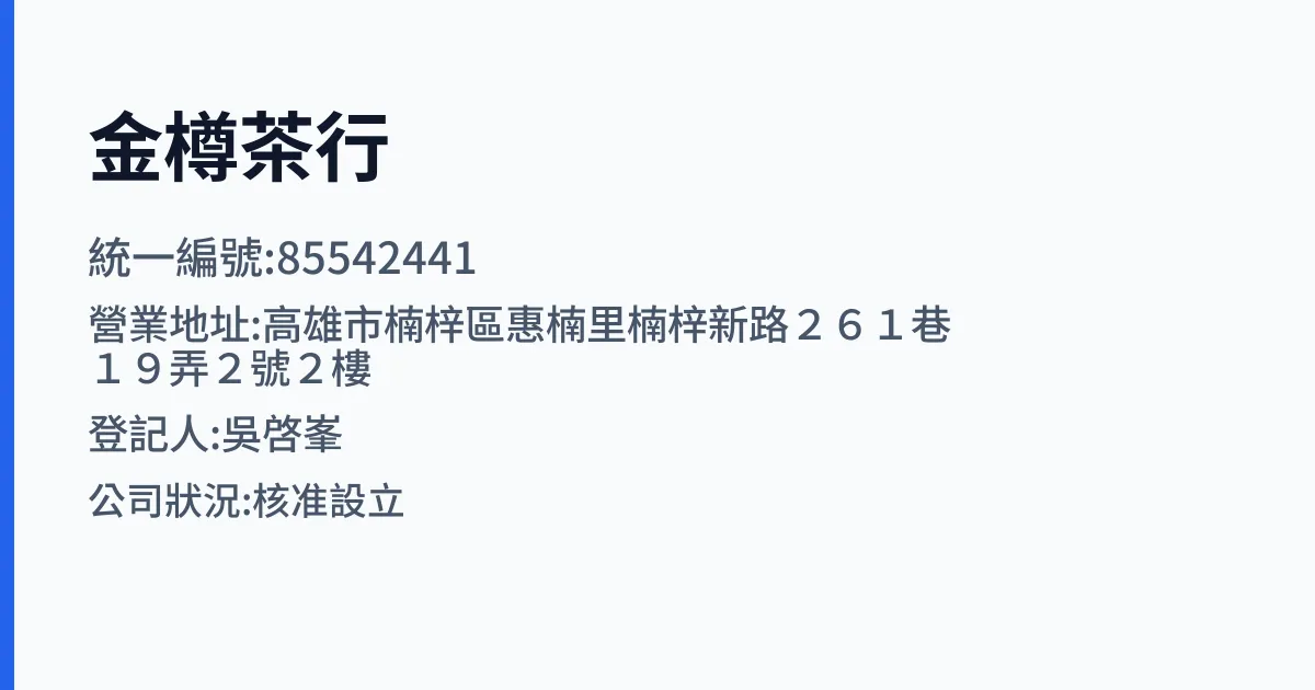金樽茶行 - 統編 85542441(高雄市) 公司登記資料與營業項目詳細圖表