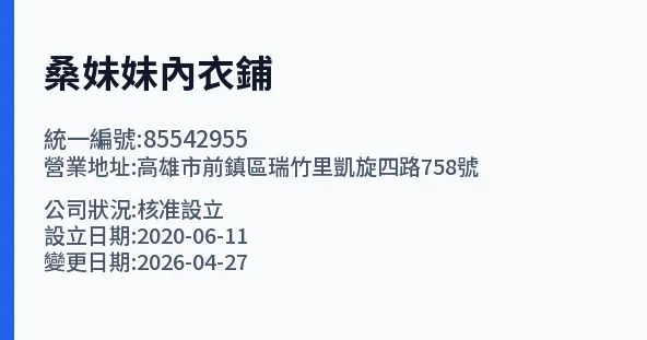 桑妹妹內衣鋪的照片-統編 85542955(高雄市) 公司登記資料與營業項目詳細圖表